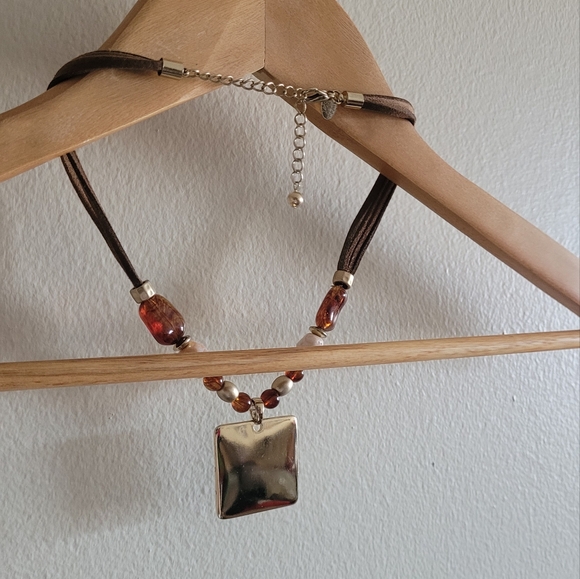 Laura Ashley | Jewelry | Laura Ashley Leather Multi Strand Square Pendant Necklace Gold Toned ...